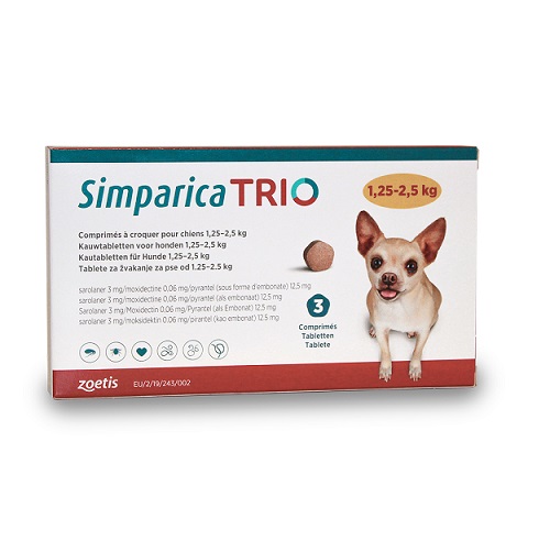 Simparica Trio hond / 1,25 - 2,5 kg / XS / 3 kauwtbl. - AA-Vet Diergeneesmiddelen